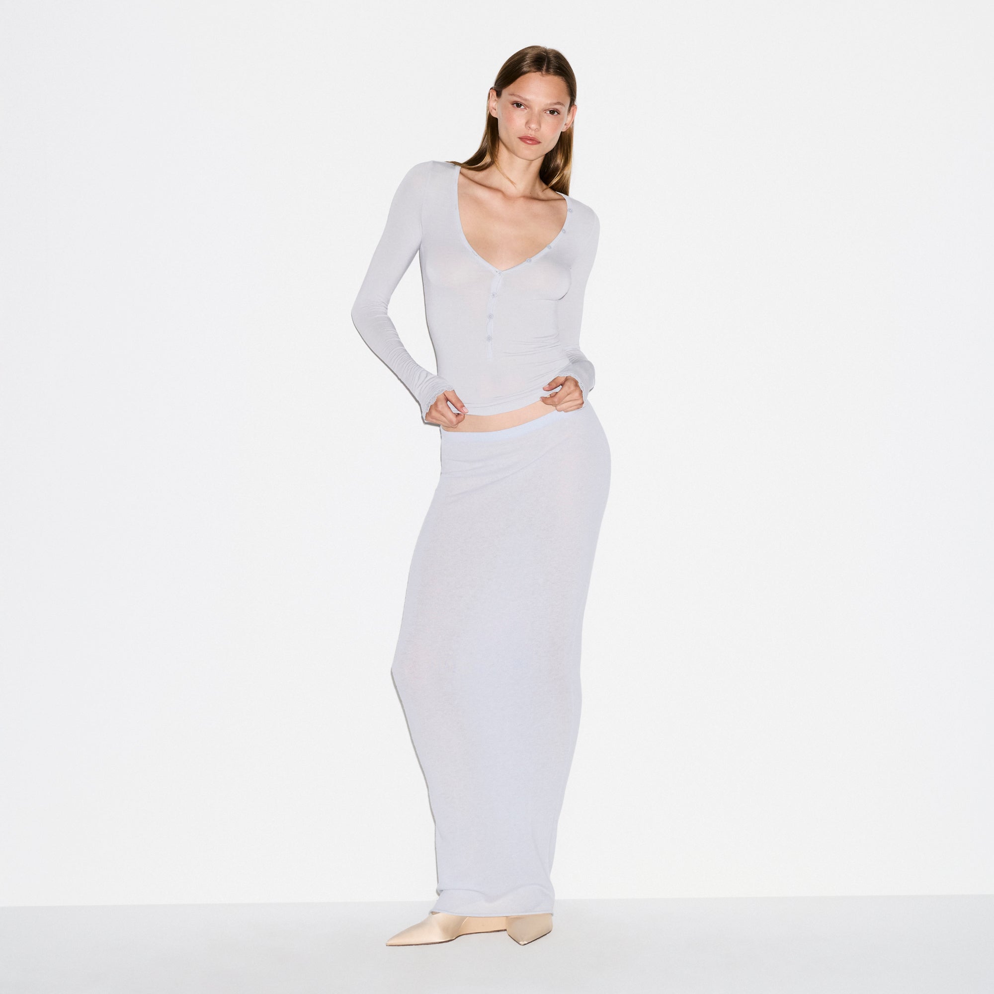 SHEER MODAL LONG SLEEVE HENLEY | MIST | SKIMS MÉXICO